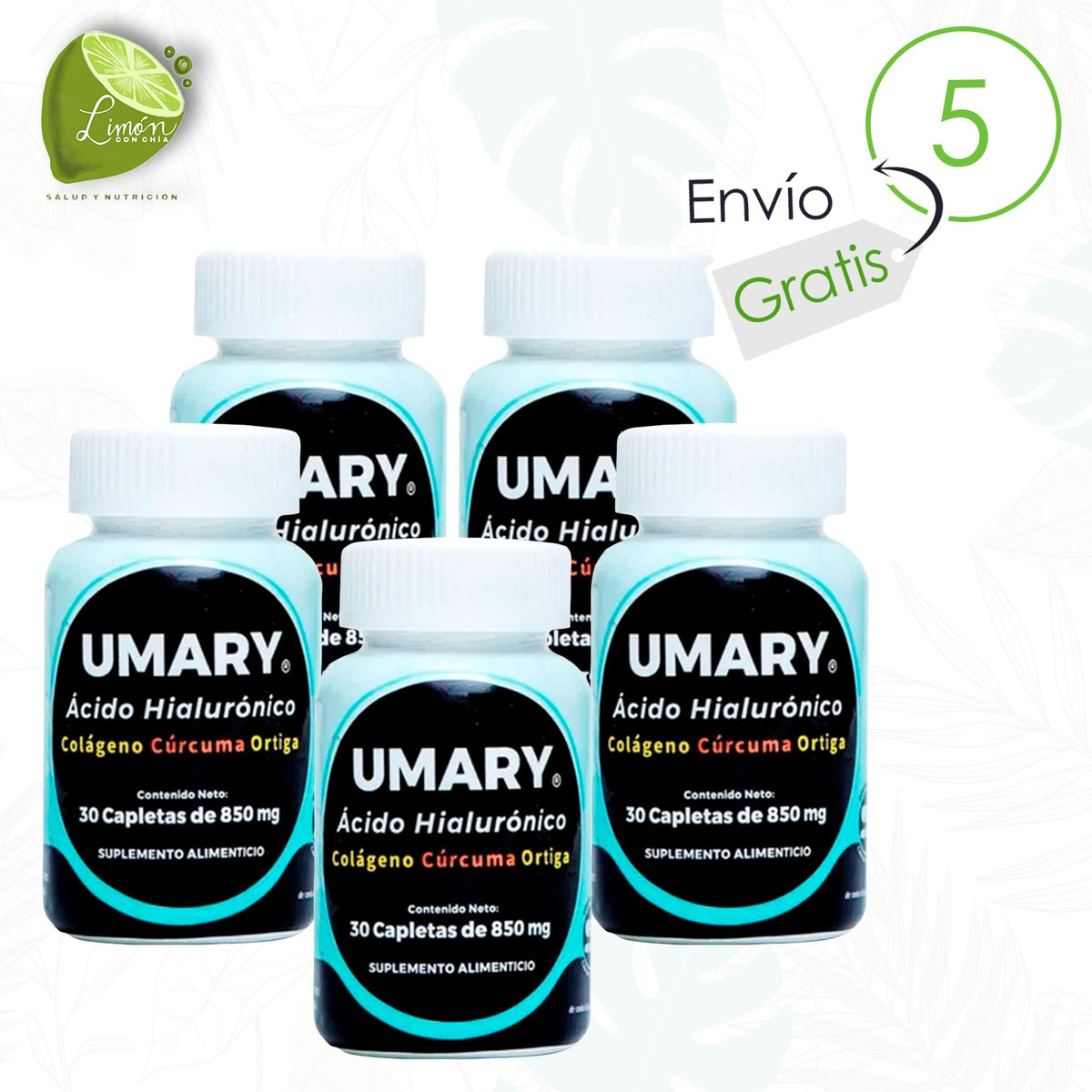 5 ACIDO HIALURONICO UMARY 30 CAPLETAS DE 860 MG – Limón con Chía